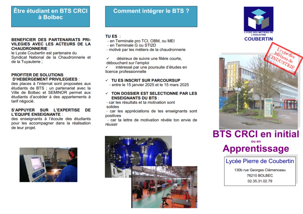 Plaquette BTS CRCI - Lycée des métiers de l'industrie Pierre De Coubertin